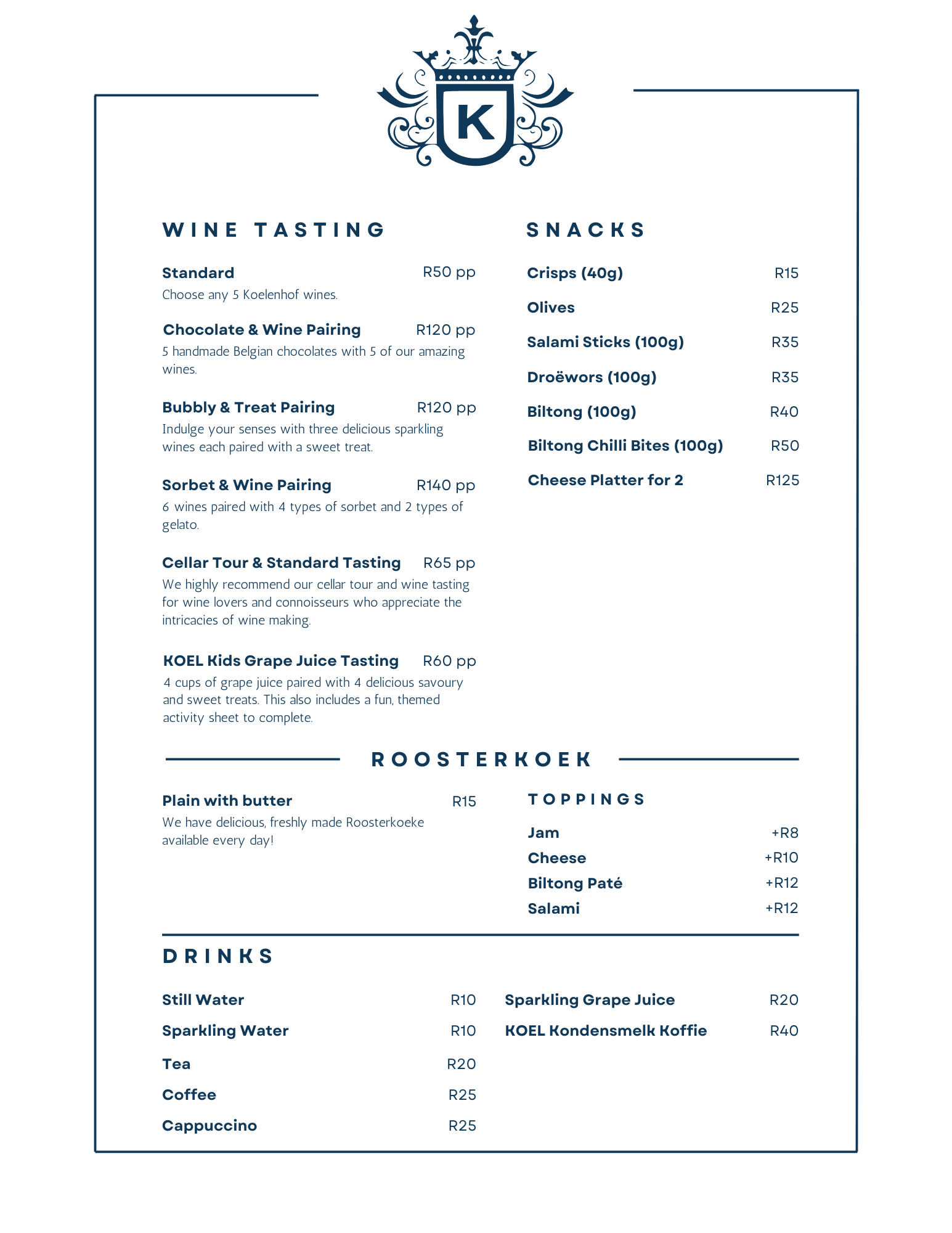 Koelenhof Wine Cellar Menu